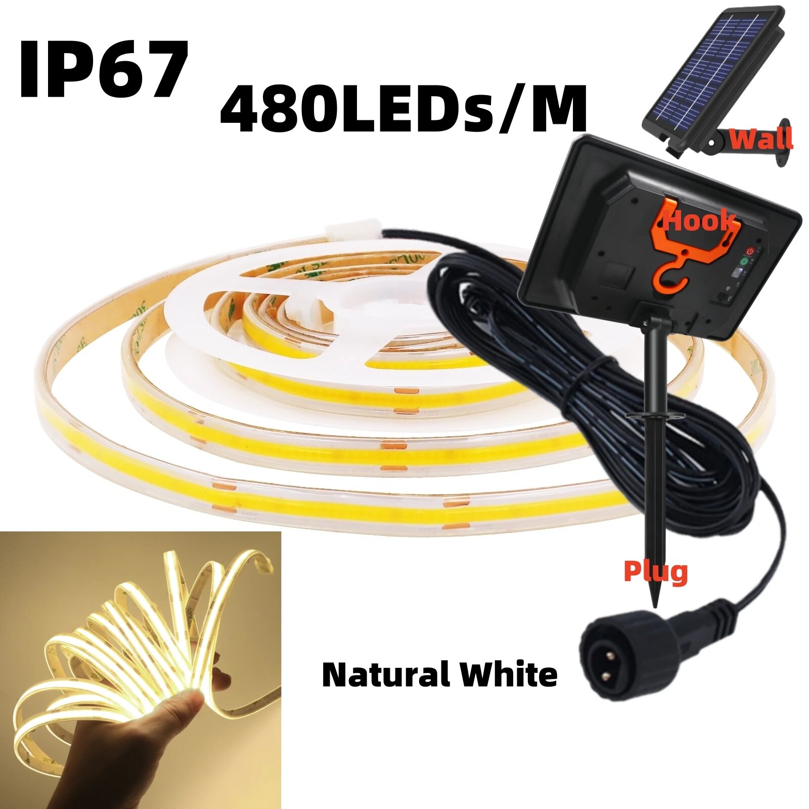HEGEHE Солнечная светодиодная лента тёплый белый 480LEDs-Natural, 10 м