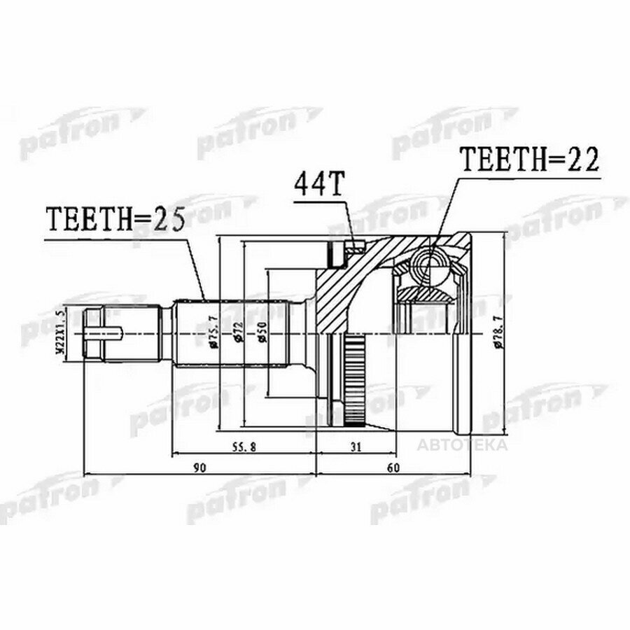 ШРУС PATRON PCV1111 наружный с кольцом ABS 22x50x25 ABS:44T KIA CERATO I 04-09, SPECTRA 04-09