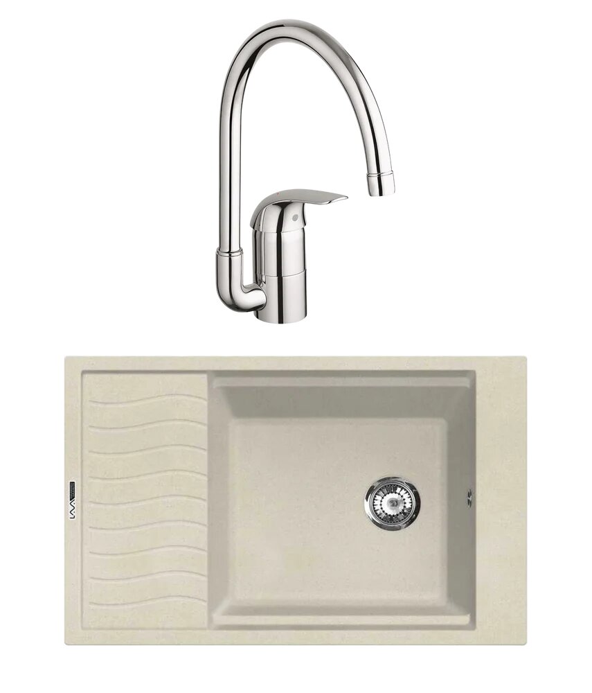 Комплект Мойка Lava L9. CRE 78x50, crema, кварц / Смеситель Grohe Euroeco 32752000 глянцевый хром