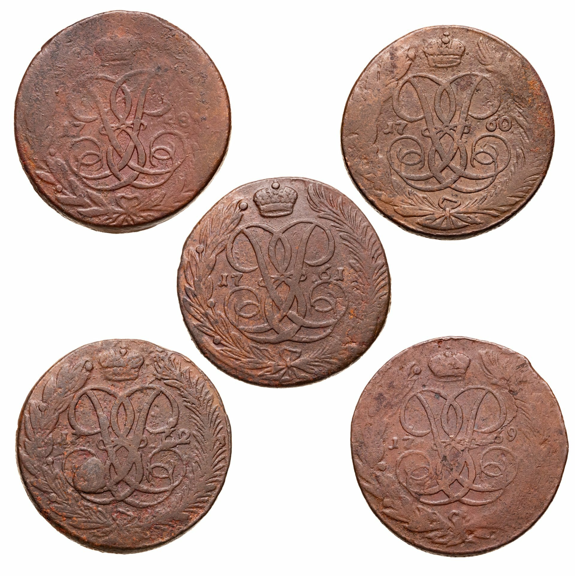 5 копеек 1758 - 1762 годов Погодовка 5 пятаков Елизаветы Петровны, Медь, в сохранности F-XF