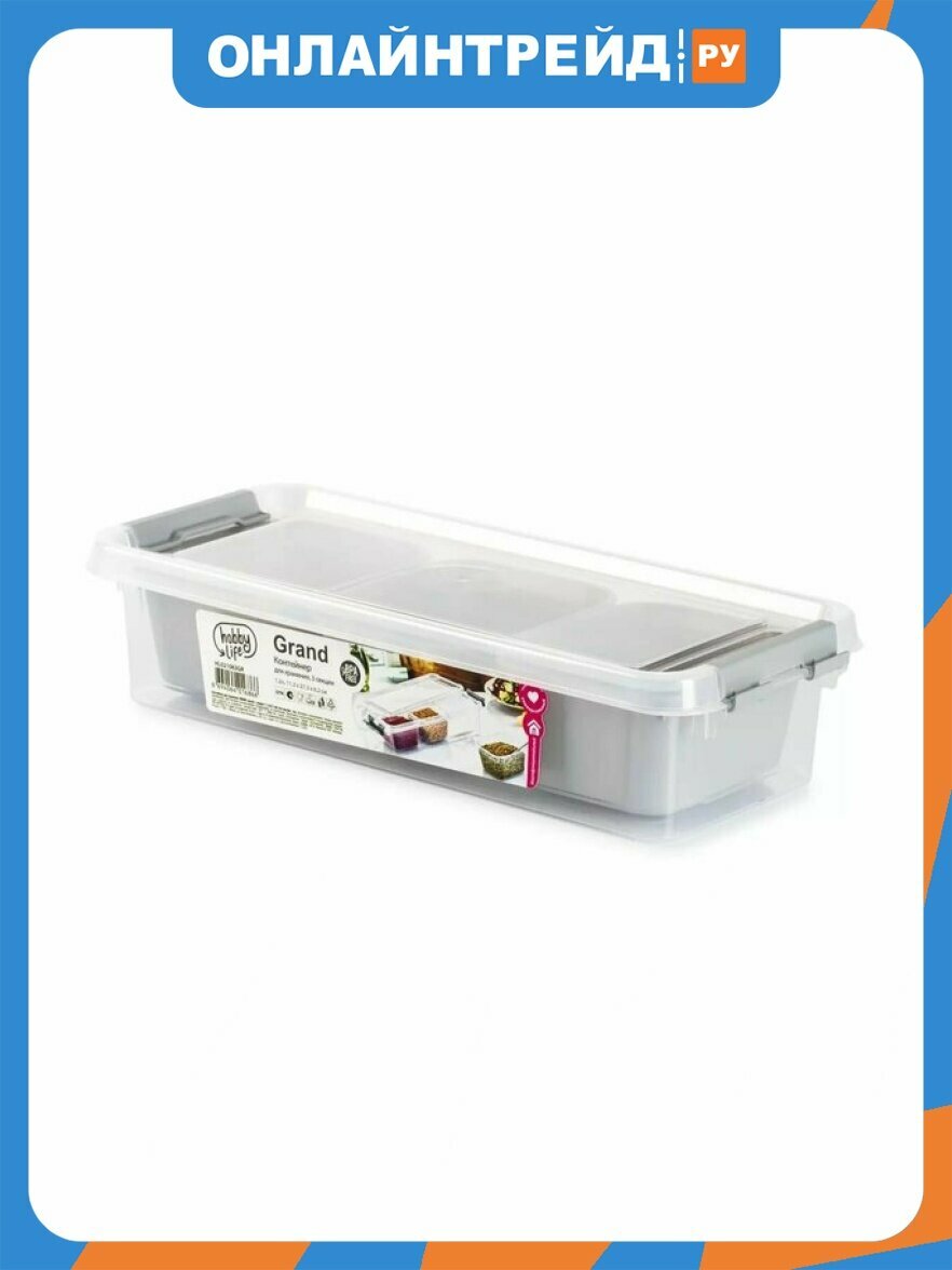Контейнер Hobby Life для хранения GRAND серый 3 секции 11.3x27.3x6.2см низкий (HL021063GR)