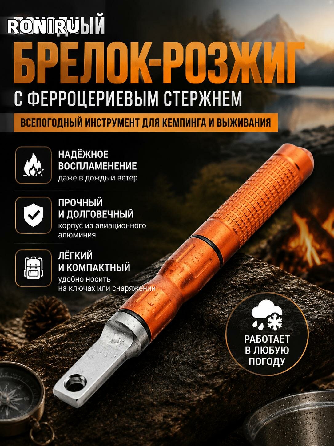 Походный брелок-розжиг с ферроцериевым стержнем — туристический инструмент всепогодный для кемпинга и выживания
