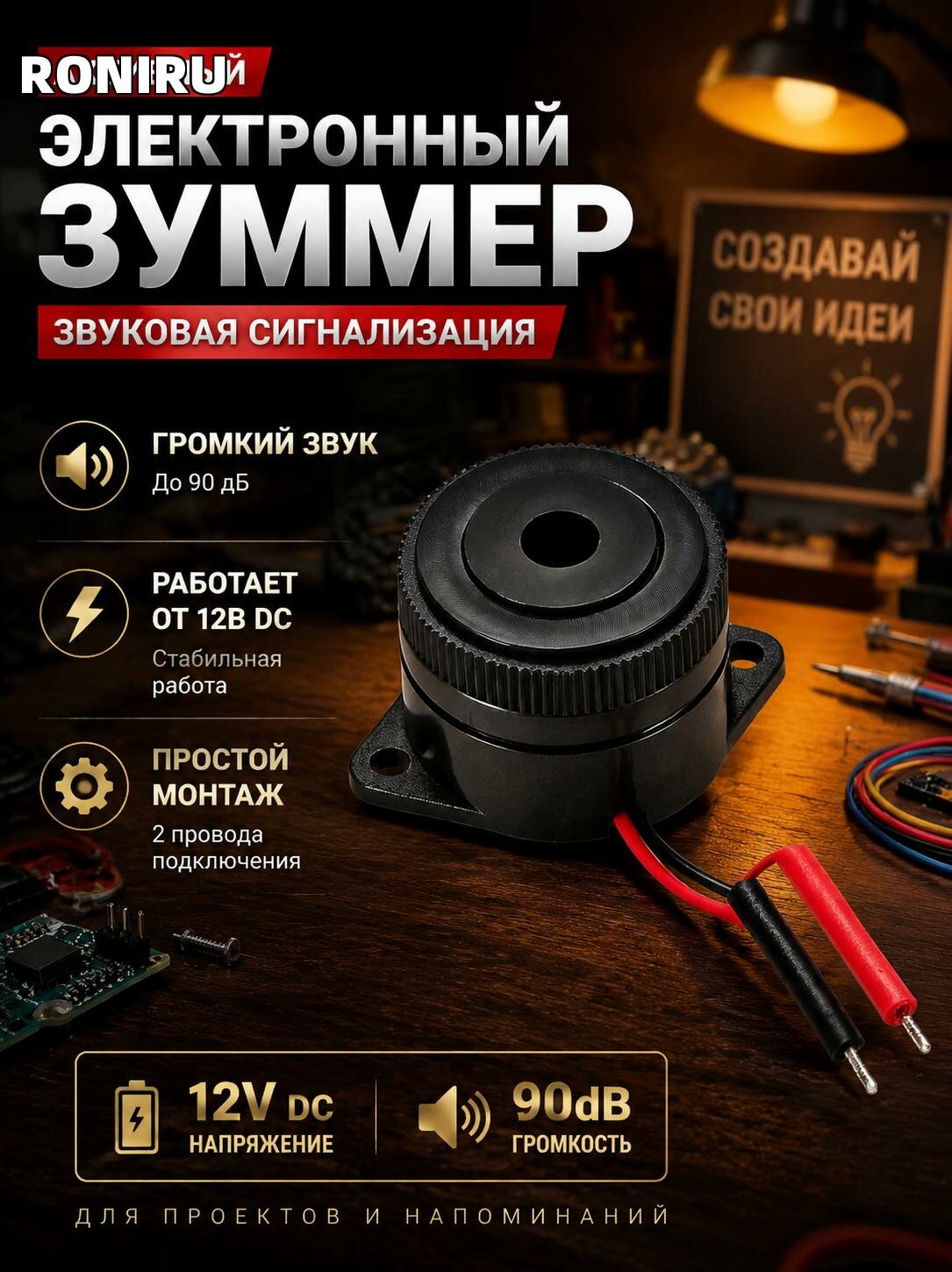 Активный электронный зуммер 12 В постоянного тока, звуковая сигнализация 90 дБ для самодельных проектов и напоминаний