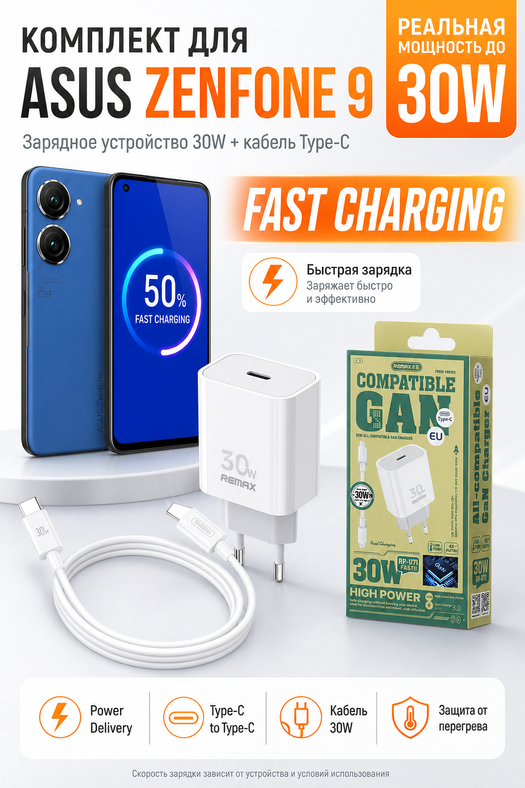 Комплект зарядки ASUS Zenfone 9 блок и кабель USB Type-C 30 Вт быстрая зарядка