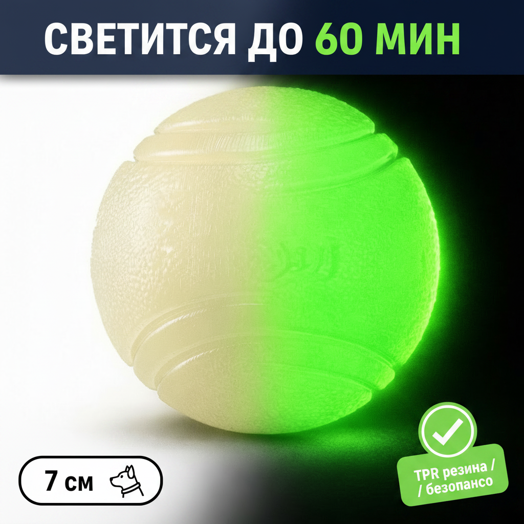 Светящийся мяч для собак 7 см — прочная игрушка для ночных игр, светится в темноте, мячик для средних пород, апортировка