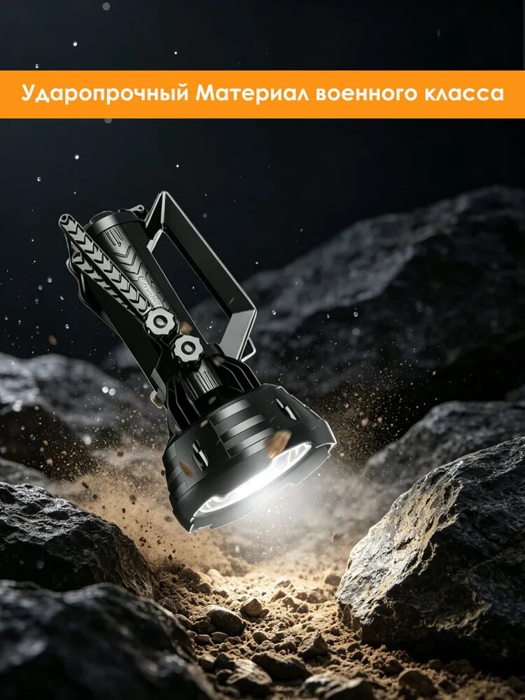 Фонарь-прожектор черный LED+COB 10000 люмен с подставкой 90°, водонепроницаемый плавучий с USB A/USB C — фото 1