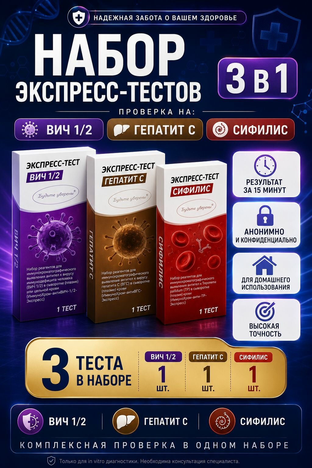 Экспресс-тесты на ВИЧ (1 шт), Сифилис (1 шт) , Гепатит С ( 1 шт)