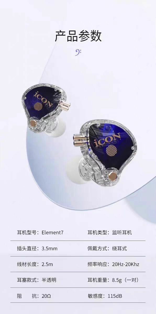 ICON Element7 Наушники-мониторы с проводом 3 метра для живого выступления и аудиоинтерфейса, пара