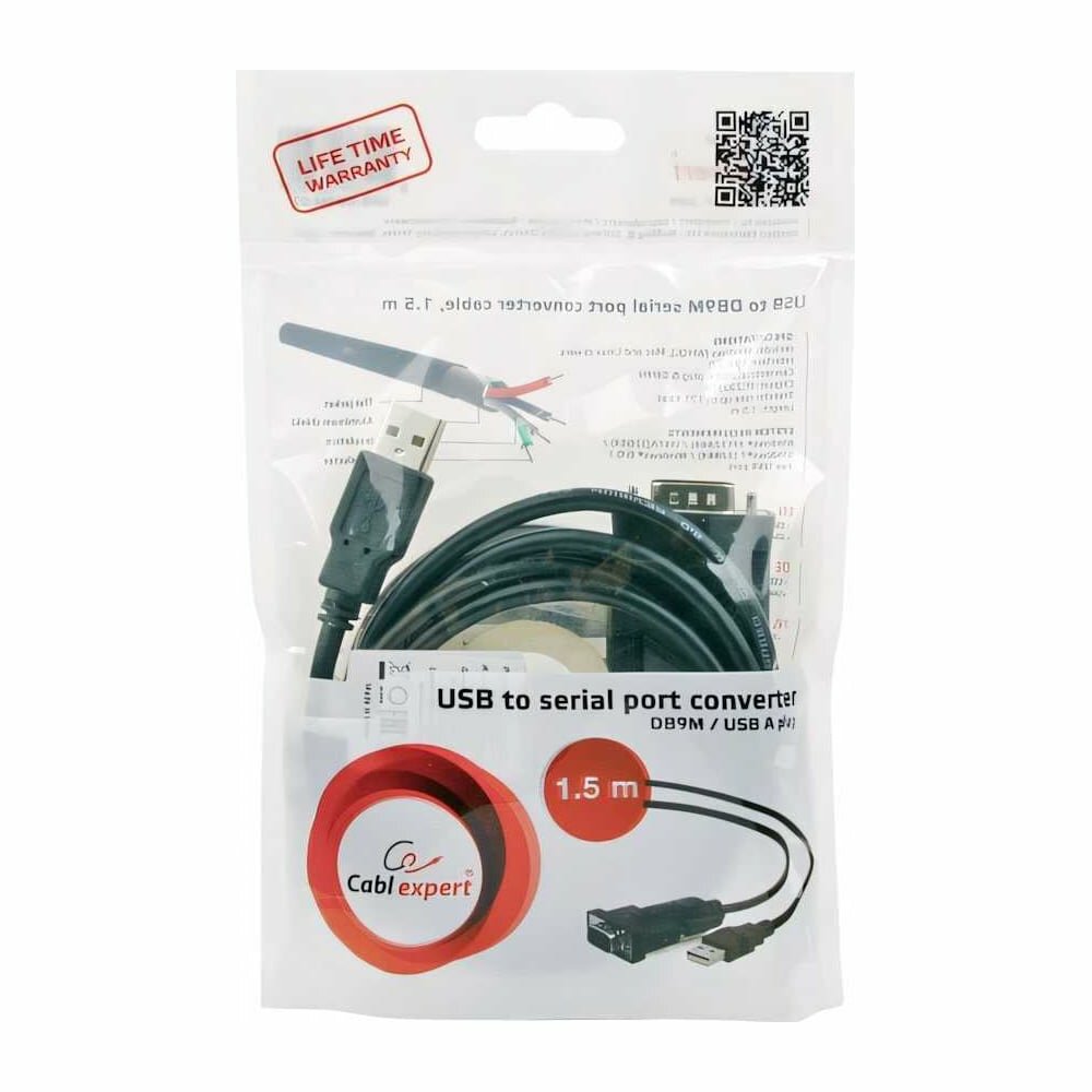 Конвертер Cablexpert USB - COM AM/DB9M, 1.5 м, черный, пакет UAS-DB9M-02 — фото 1