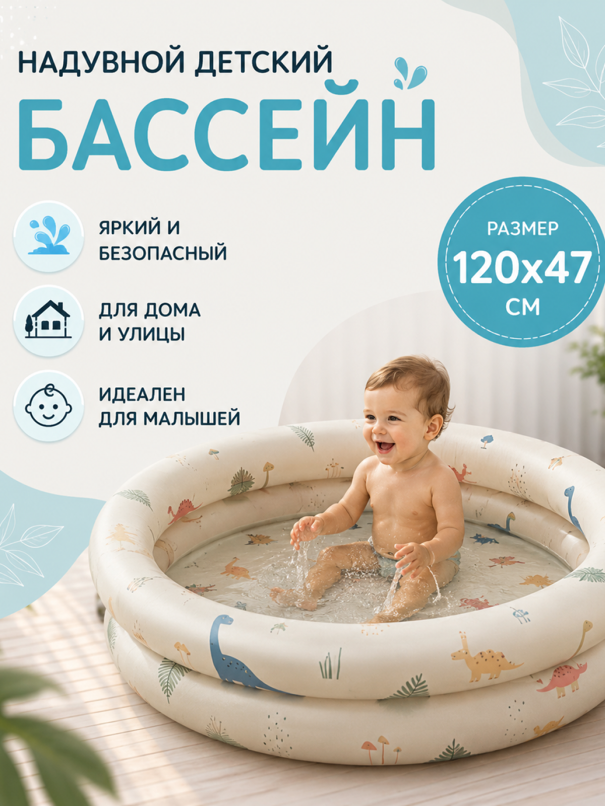 Бассейн детский надувной, с динозаврами, размер 120х47 см, голубой