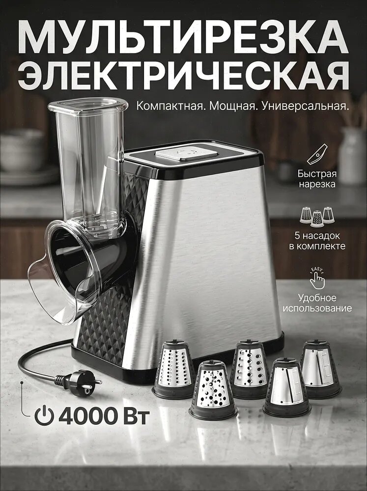 Электрическая овощерезка-измельчитель 4000 Вт с 5 насадками