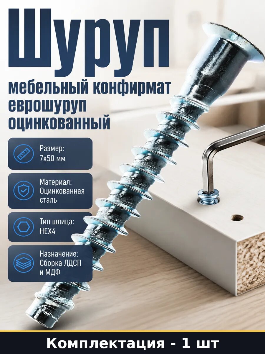 Набор винтов конфирматов 7х50 оцинкованный для сборки мебели