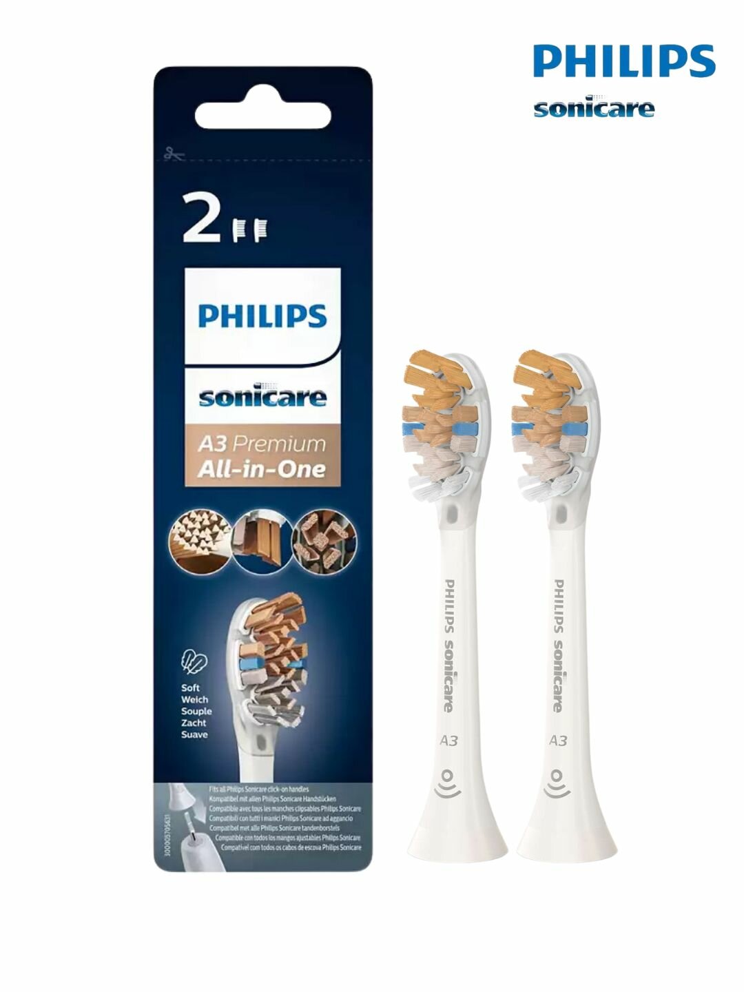 Насадки для звуковой зубной щетки Philips Sonicare A3 HX9092/10, Белый, 2 шт. a3 hx9092 белый 2 штуки