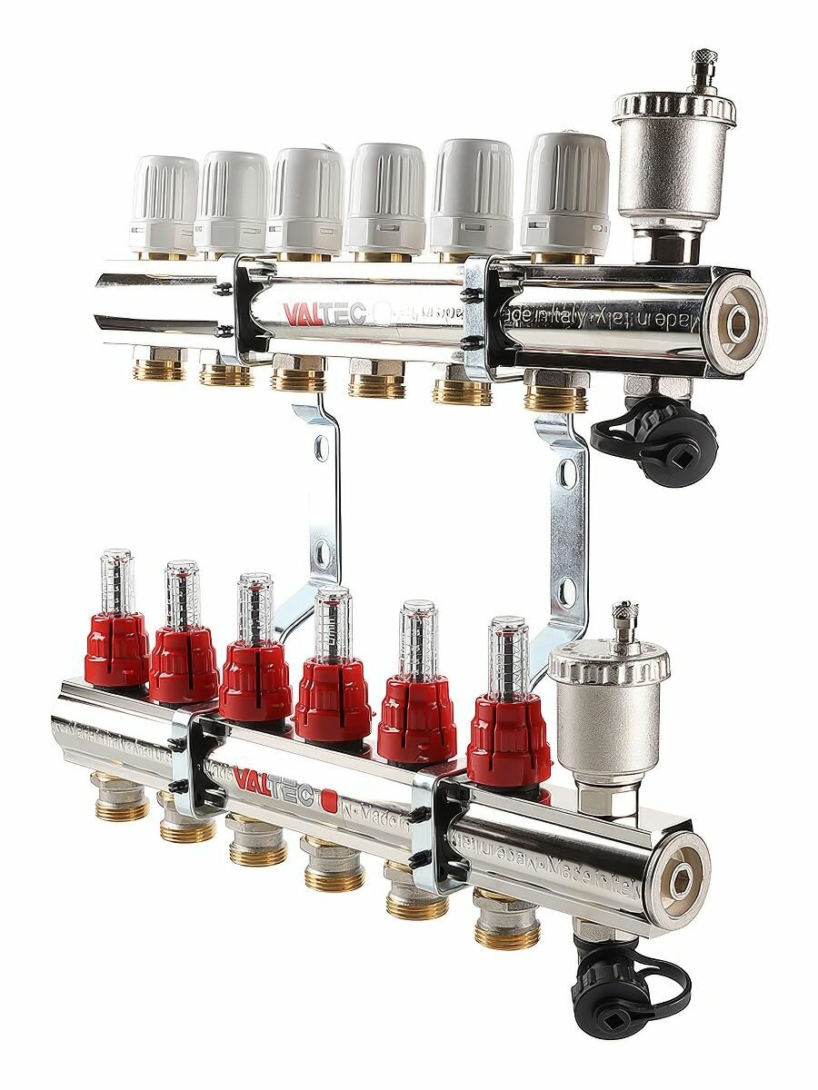 Коллекторная группа VALTEC 3 выхода, 1"х3/4" с расходомерами, латунь никелир. VTc.596. EMNX.0603