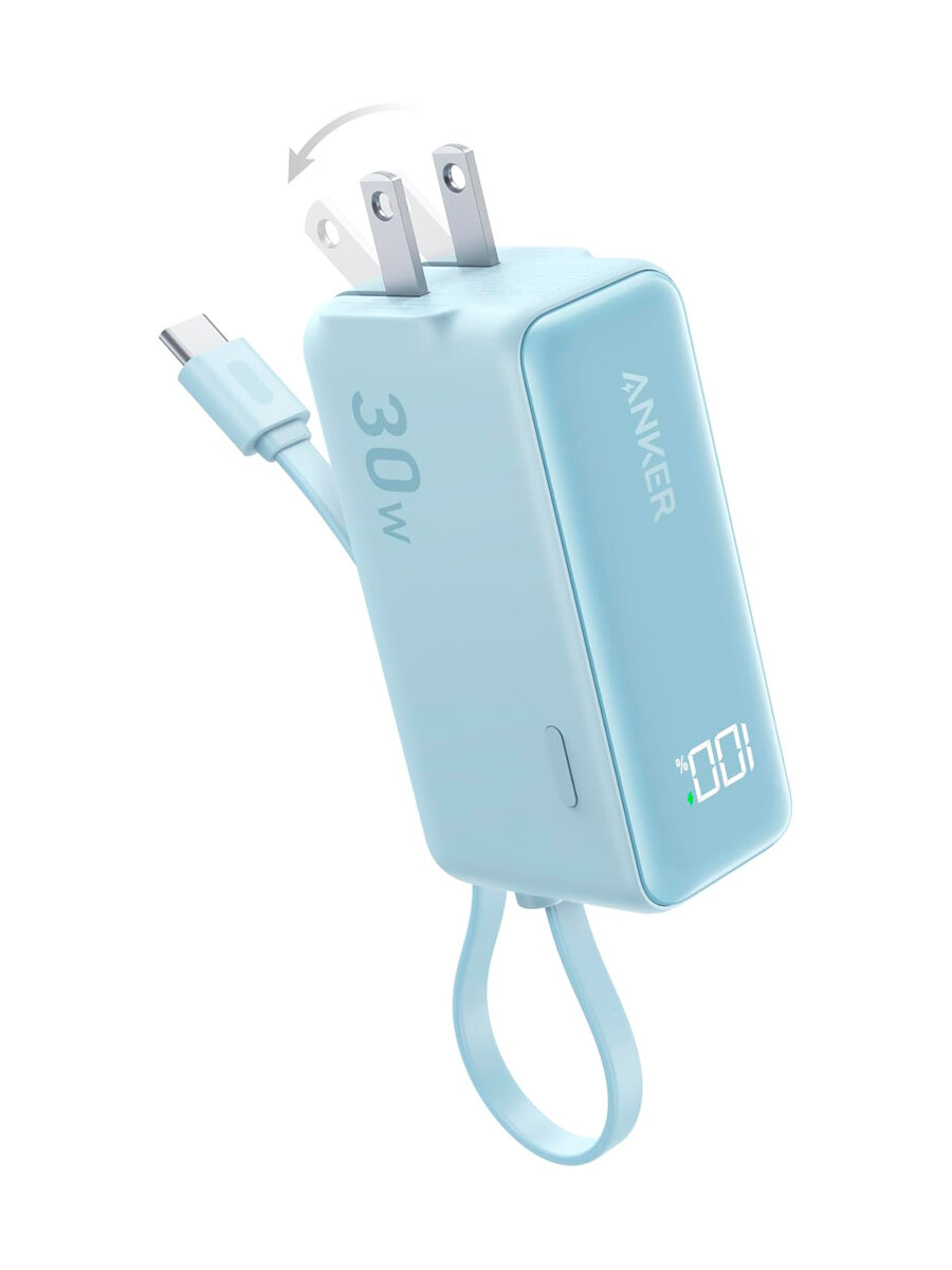 Anker 3-in-1 Power Bank (30W Fusion Built-In USB-C Cable) A1636, голубой, портативное зарядное устройство