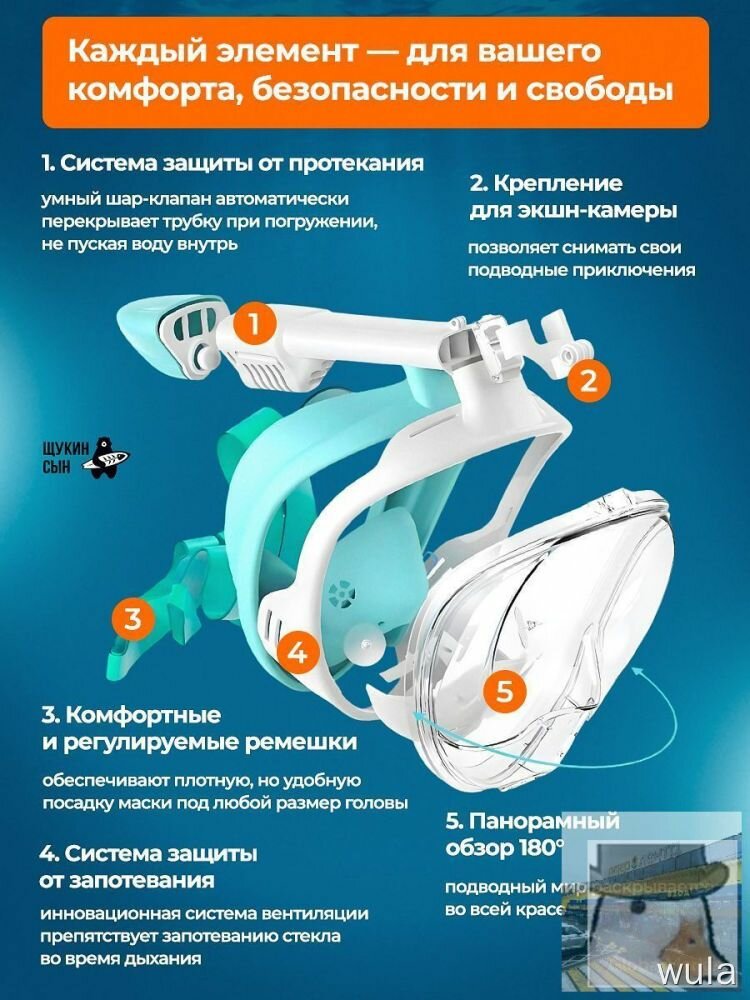 Маска для плавания полнолицевая L-XL с креплением для камеры, обзор 180°, не запотевает, для снорклинга и дайвинга — фото 1