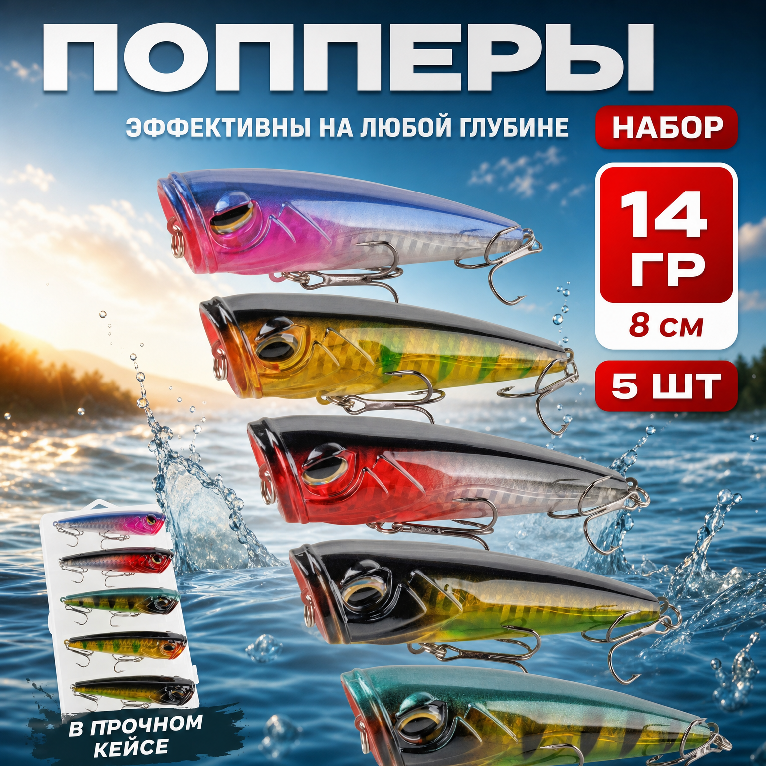 Набор воблеров-попперов на щуку, судака, окуня для рыбалки, 5 шт, 14 гр. (Длина: 8 см; Эффективны на любой глубине, в прочном кейсе)