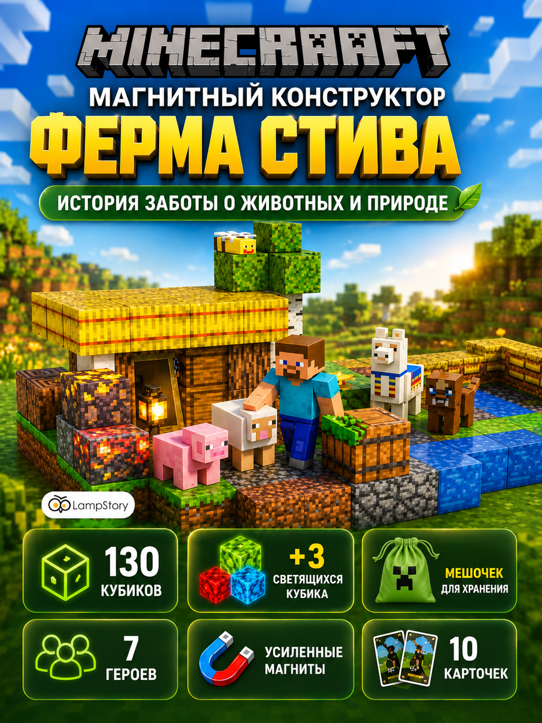 Конструктор LampStory "Minecraft, Ферма", магнитный, 130 кубиков, 3 светящиеся куба, 7 фигурок, 10 игровых карточек