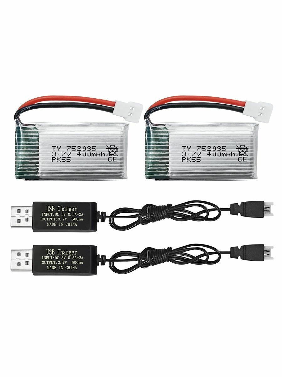 Аккумулятор 2PCS 3.7V 400mah Lipo с разъемом Molex и зарядным кабелем USB, совместимый с большинством дистанционно управляемых четырехосных летательных аппаратов и батарей планера для радиоуправляемых моделей для квадрокоптеров для планера