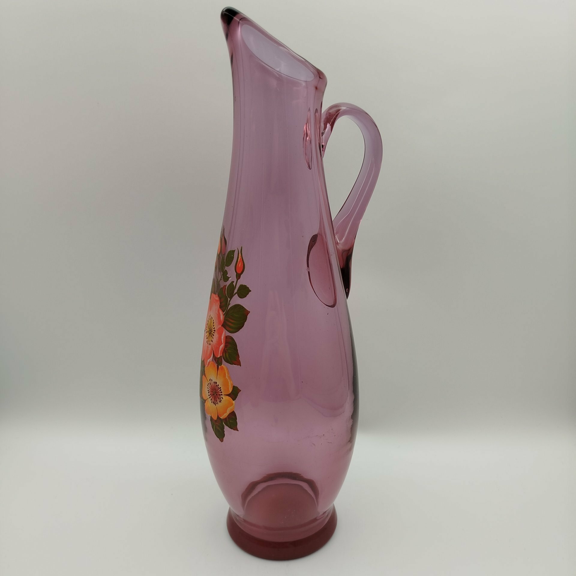 Кувшин с цветочным декором, стекло, гутная техника, СССР, 1980-1990 гг.