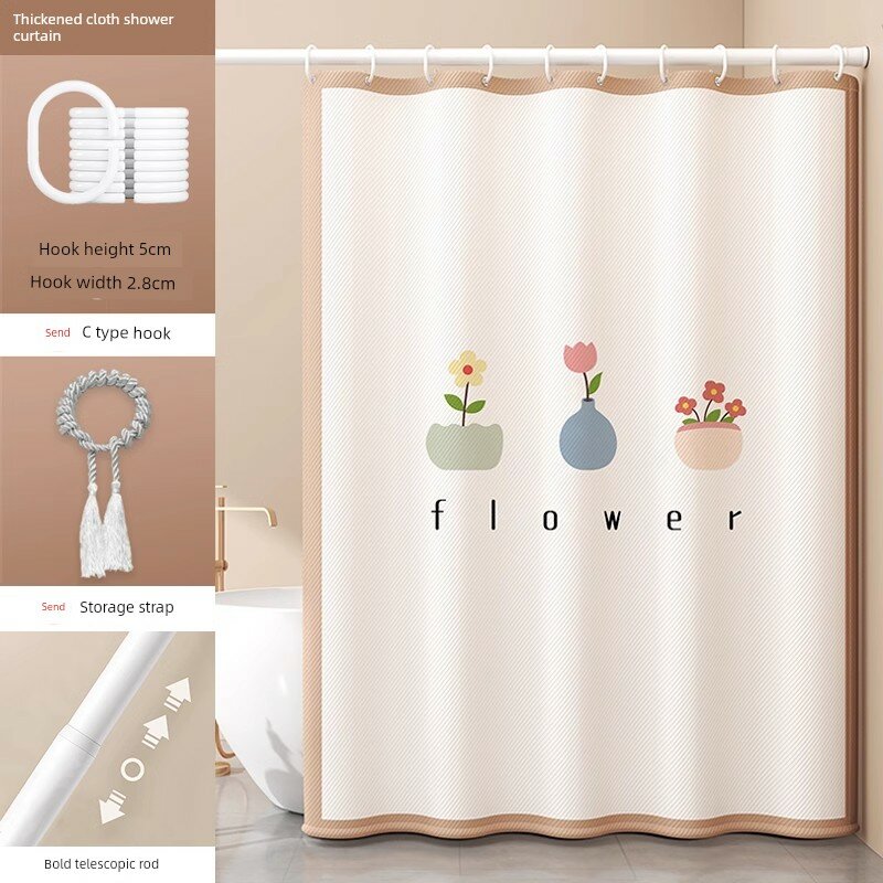 Водонепроницаемая толстая занавеска для ванной 100x200 см с регулируемым стержнем 70-120 см - Три цветка