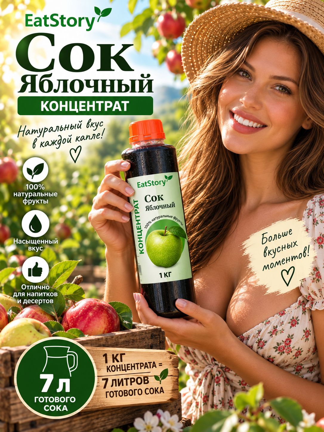 Сок концентрированный яблочный 2,5%, концентрат сока 1 кг, зеленое яблоко