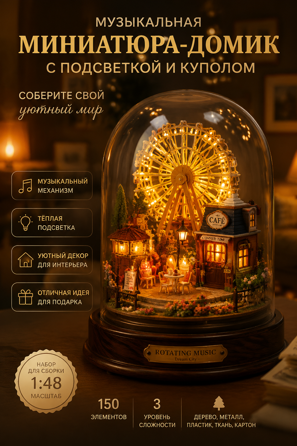 Музыкальная интерьерная миниатюра-домик с подсветкой и куполом, набор для сборки 1:48
