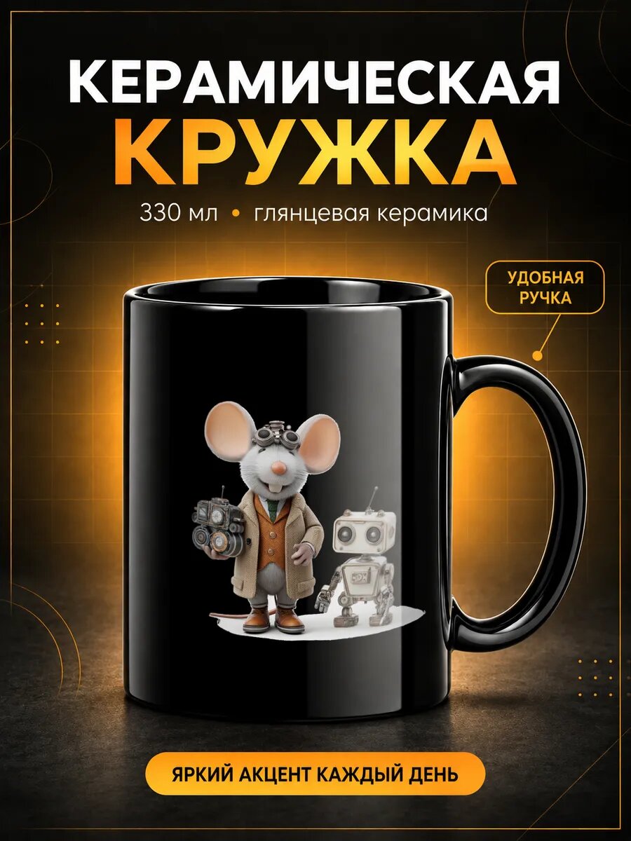 Кружка керамическая TOP CUP, Мыка и робот, чёрная, 330 мл, для чая и кофе