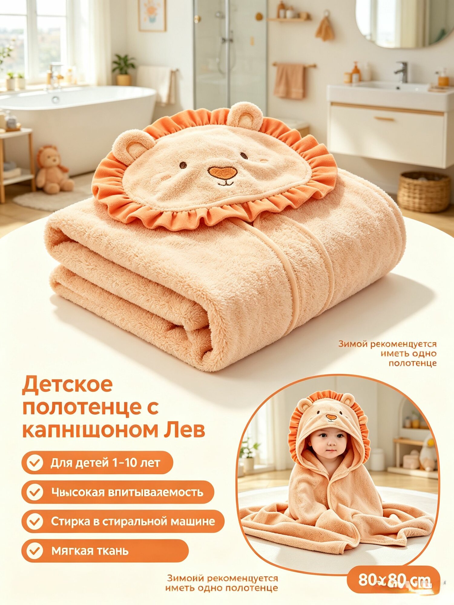 Полотенце банное 80x80 см, искусственная байка, желтый, 1 шт