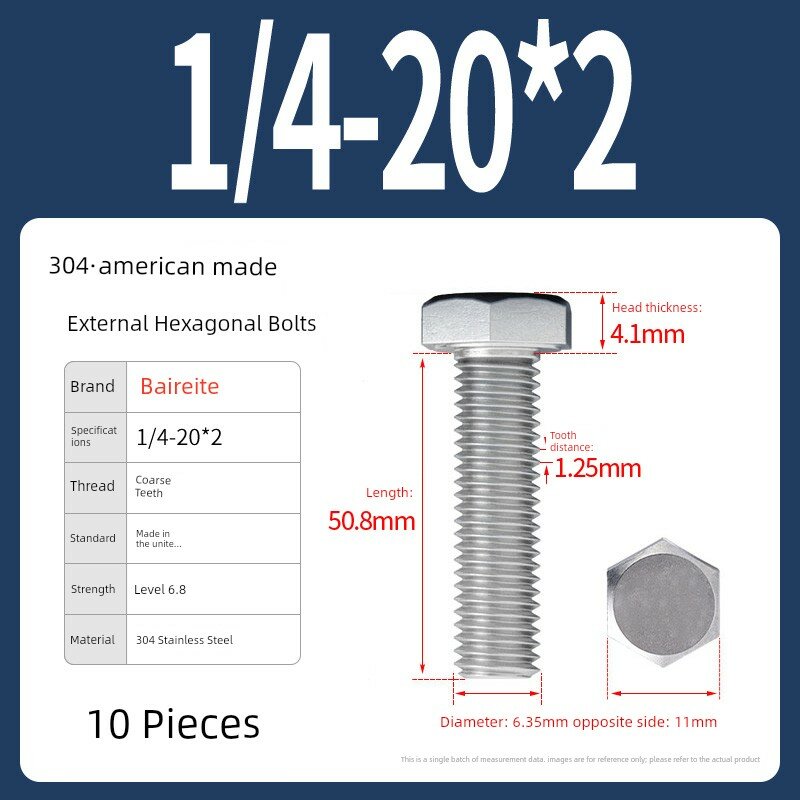 Саморезы с шестигранной головкой UNC 1/4-20, грубая резьба, длина 2 дюйма, 10 штук