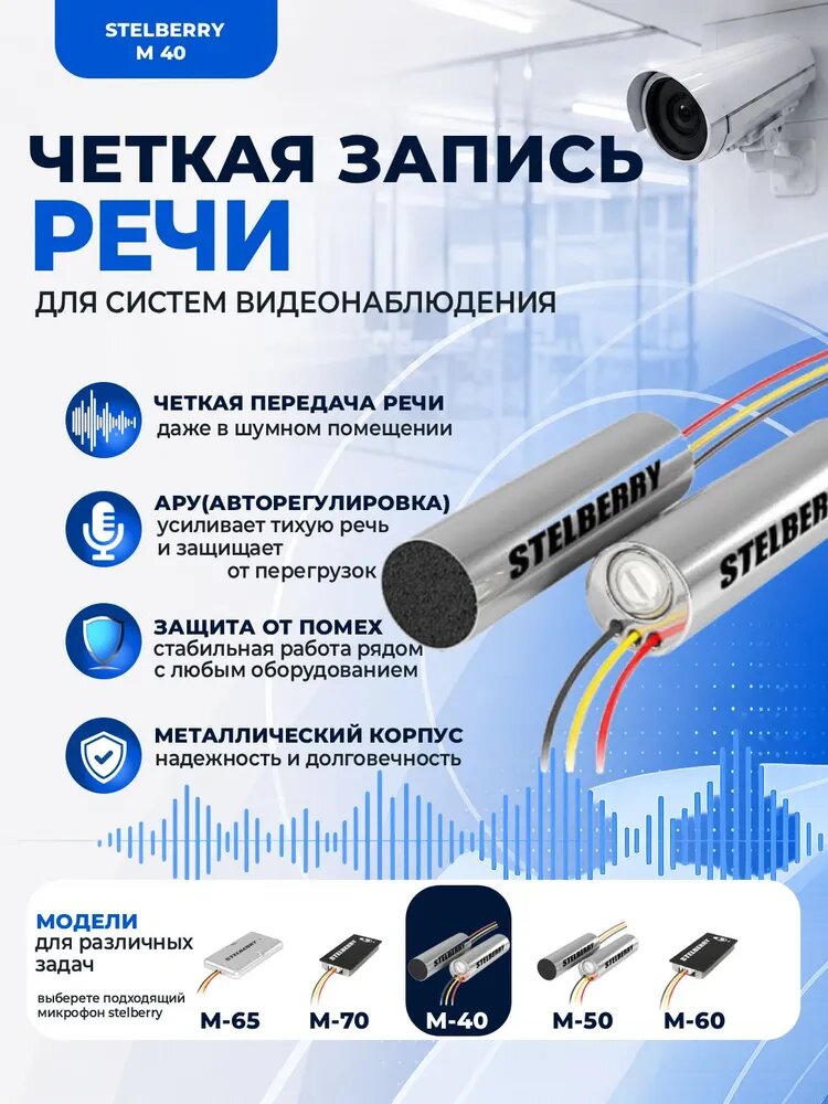 Микрофон для видеонаблюдения Stelberry M-40 / для камер видеонаблюдения активный, миниатюрный, высокочувствительный, всенаправленный, с АРУ, для прослушки,