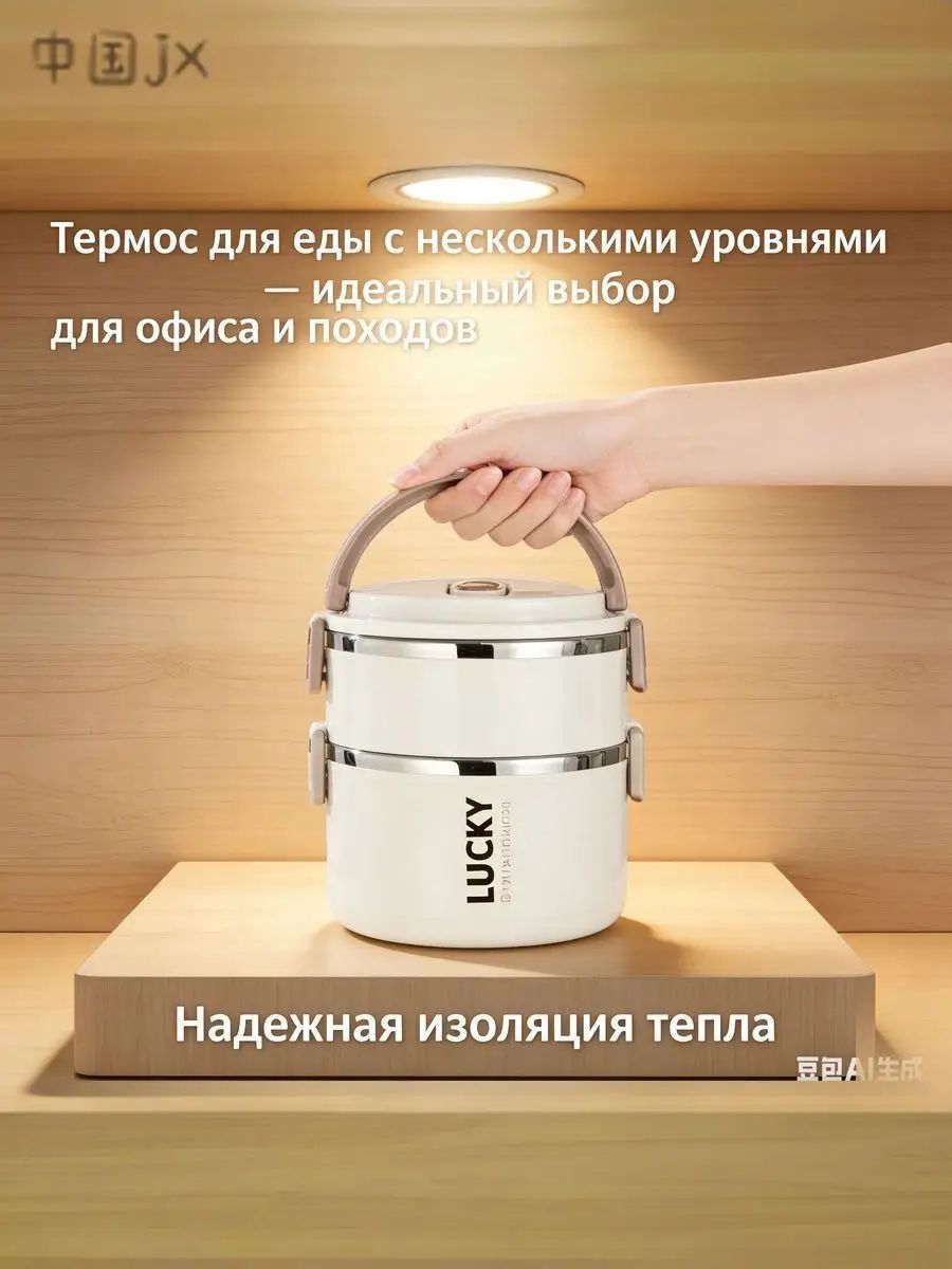 Термос 1.4 л, для еды, с кнопкой, светло-бежевый