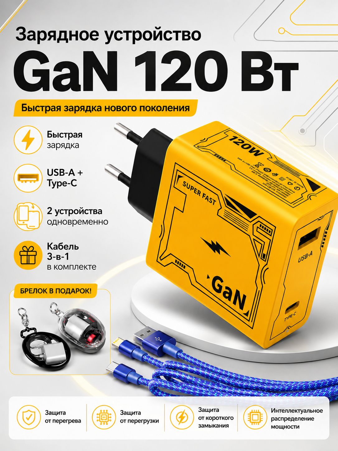 Сетевое зарядное устройство GaN 120 Вт, быстрая зарядка, USB-A + Type-C, 2 порта