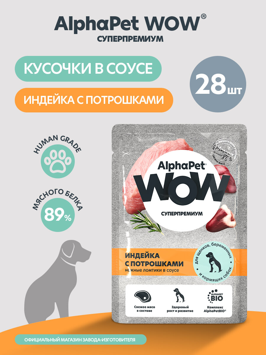 Влажный корм AlphaPet "WOW Superpremium", для щенков и взрослых собак, индейка, 85г