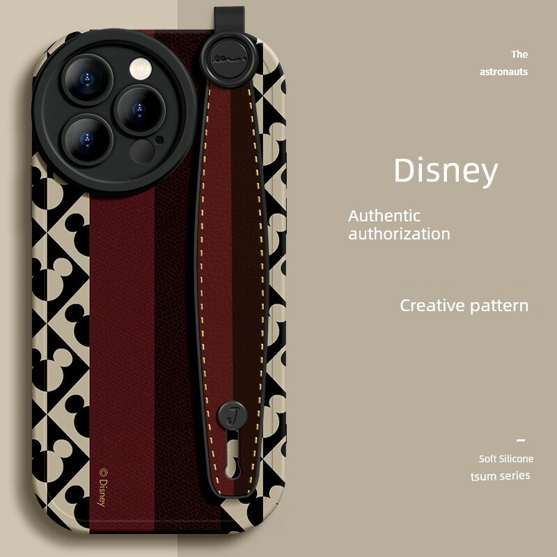 IPhone 16 Plus Yadan Chorny Vertikalnyy Diamantovyy Pattern Mickey Silikonovyy Remeshok s Otkrytiem dlya Ob'ektyva