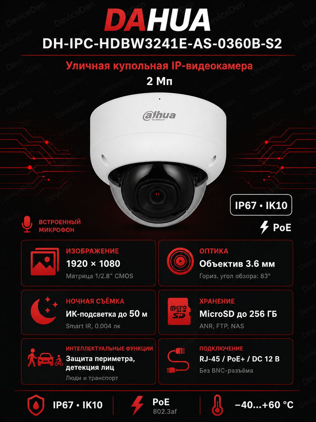 Dahua DH-IPC-HDBW3241E-AS-0360B-S2 - 2 Мп купольная IP-камера, встроенный микрофон