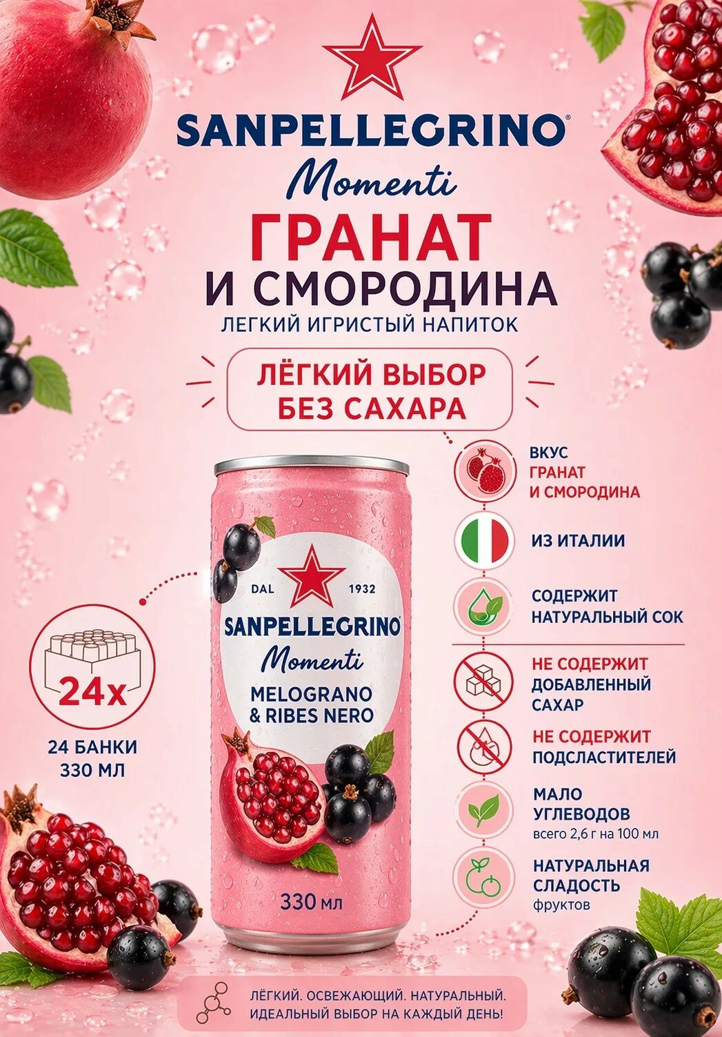 Газированный напиток Sanpellegrino Momenti Санпеллегрино Гранат и Смородина, 24 шт * 330 мл, Италия