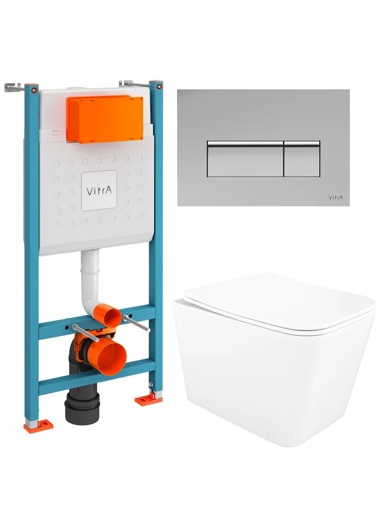 Комплект 5 в 1: Инсталляция VitrA Ви-Фикс Кор (V-Fix Core) 732-5800-01 / Унитаз подвесной STWORKI Молде S23401WH / Сиденье с микролифтом, Кнопка Рут Скуэр (Root Square) 740-2380, хром, Комплект креплений