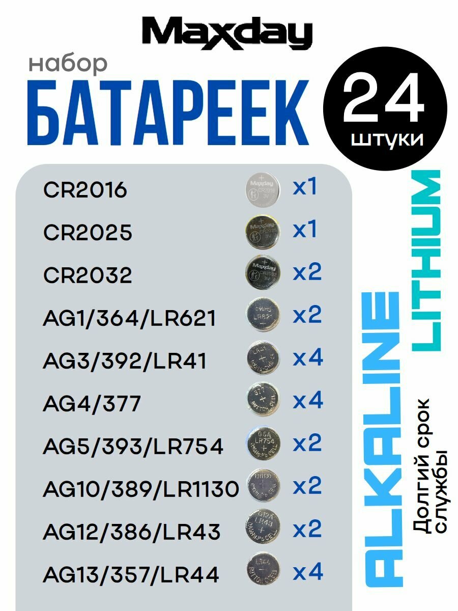 Набор MAXDAY Батарейка LR60 (LR621, AG1, G1), LR41 (LR736, AG3, G3), 24 шт