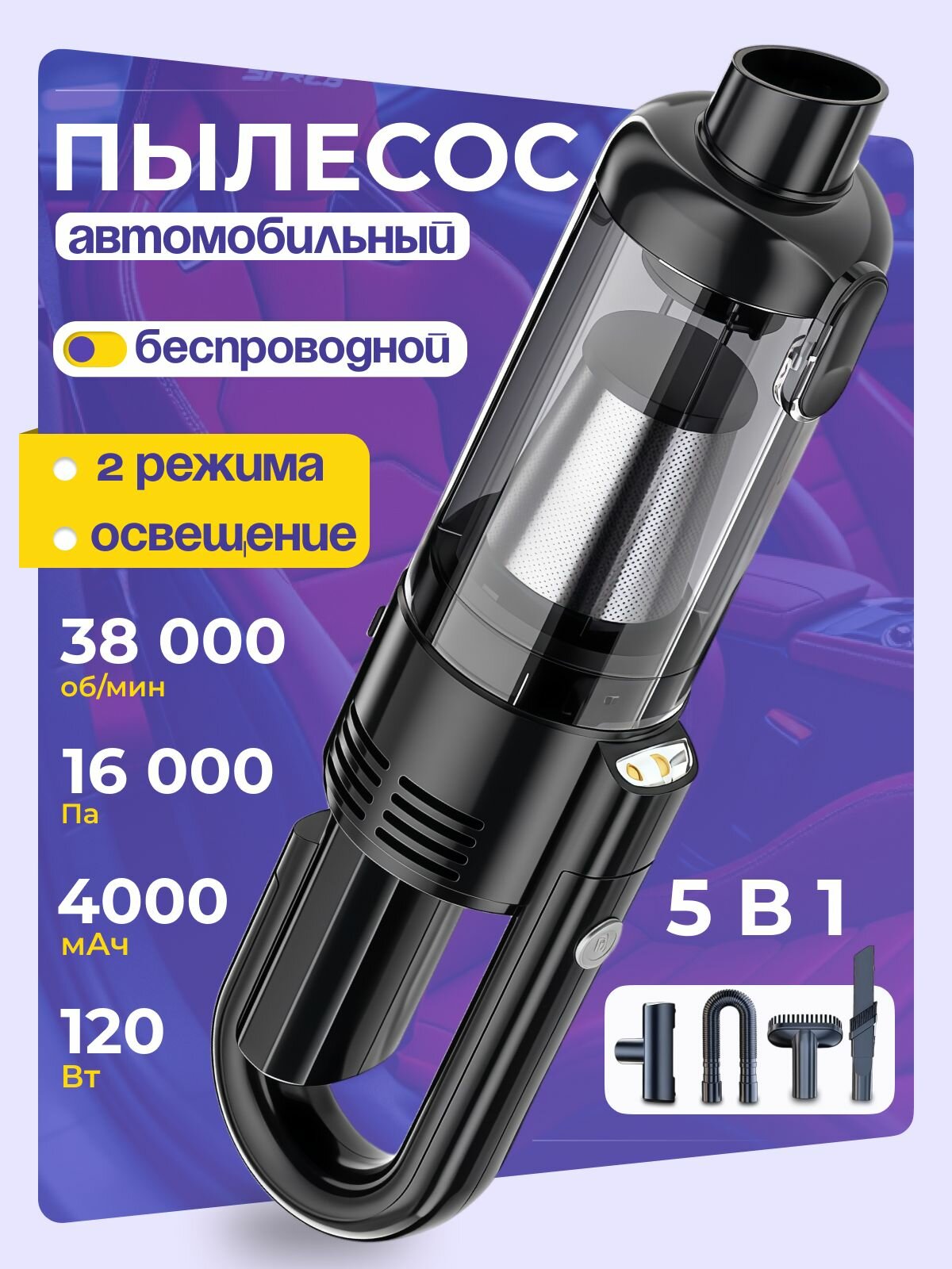 Пылесос для автомобиля беспроводной мощный с насадками