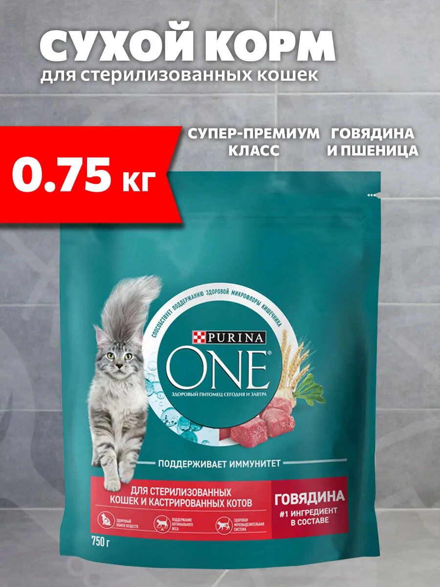 Корм сухой Purina One для взрослых кастрированных котов и стерилизованных кошек, говядина и пшеница, 750 г