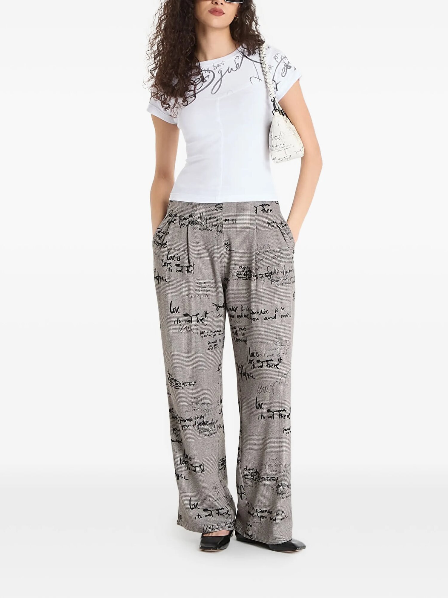Футболка Desigual Scribble-print ribbed T-shirt, размер 42, бежевый/белый — фото 1