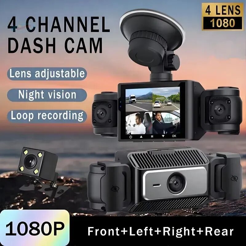 4-канальный видеорегистратор с углом обзора 360, разрешением FHD 1080P, 4 объектива спереди и сзади, встроенная автомобильная камера с картой памяти 64 ГБ