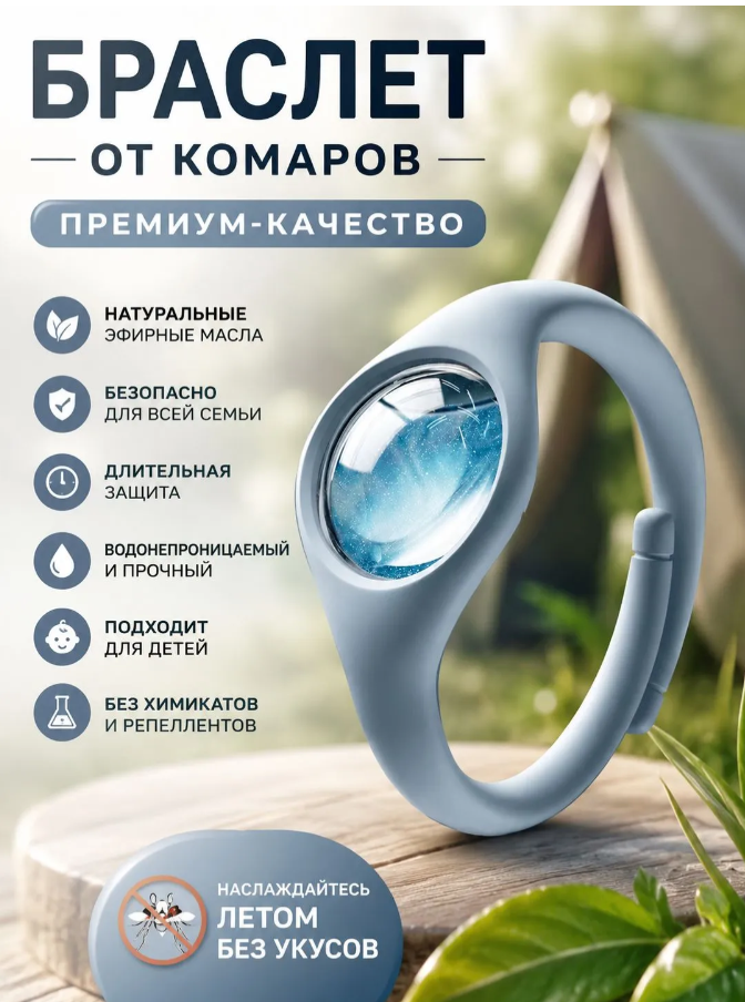 Браслет от комаров "Синий", с эфирными маслами, для улицы и дома, водостойкий