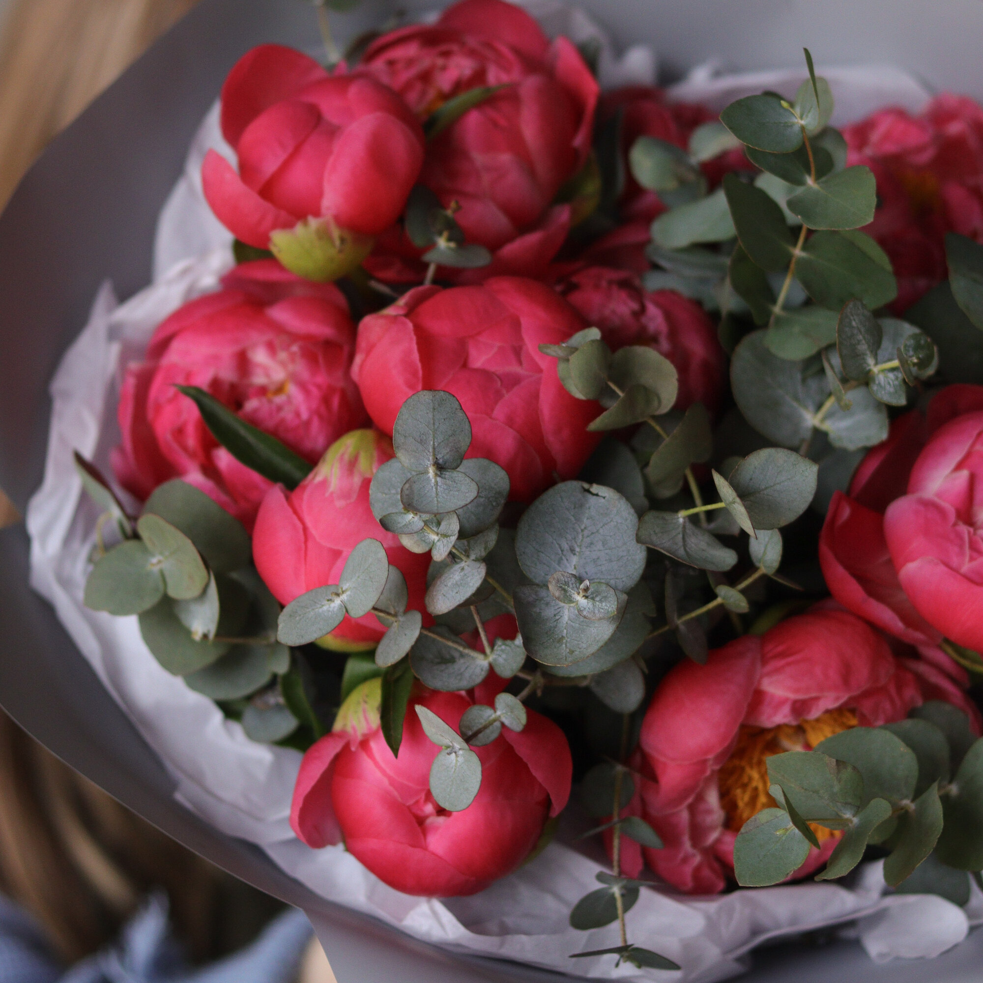 Моно из 11 стеблей пионов Корал Шарм и эвкалипта, ВеснаFlowers