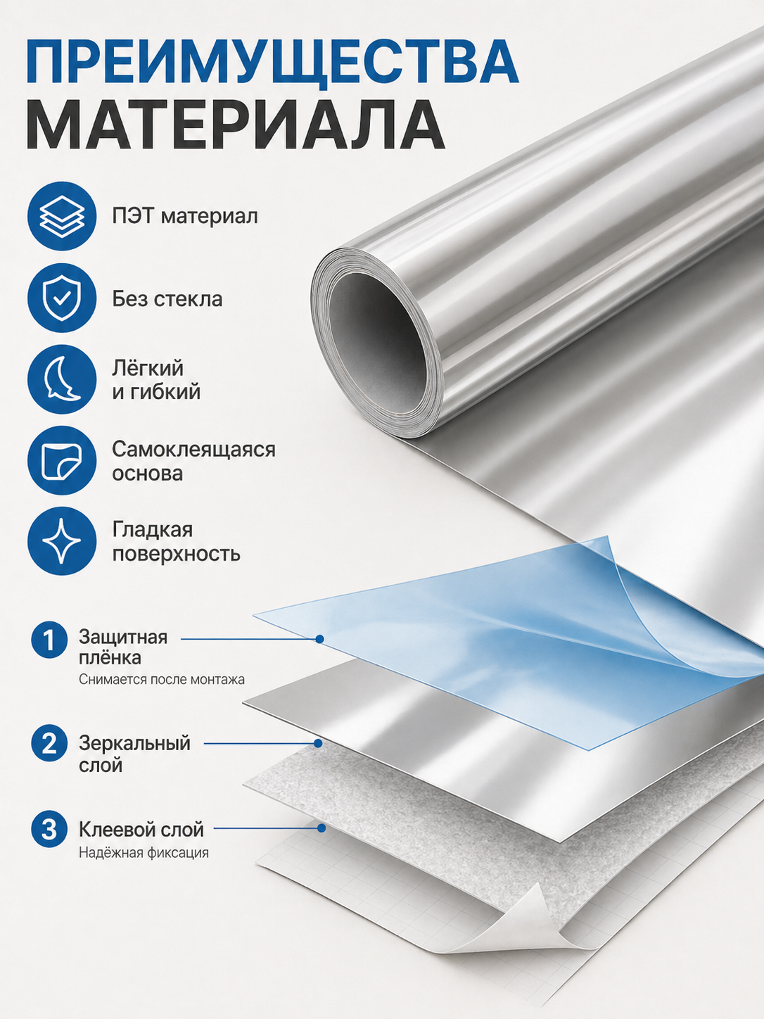 Гибкое зеркало вогдаль, прямоугольное, настенное размещение, 50 см x 200cm