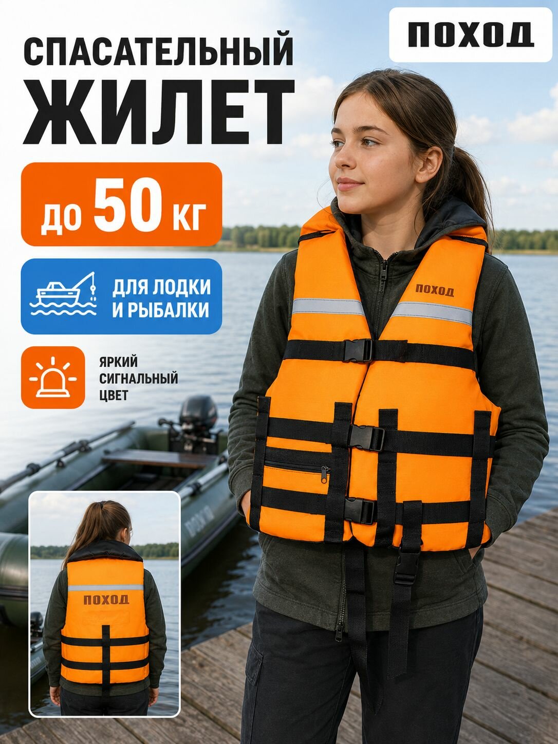 Спасательный жилет поход до 50 кг, подростковый / женский страховочный жилет для лодки ПВХ и рыбалки, с подголовником ГОСТ