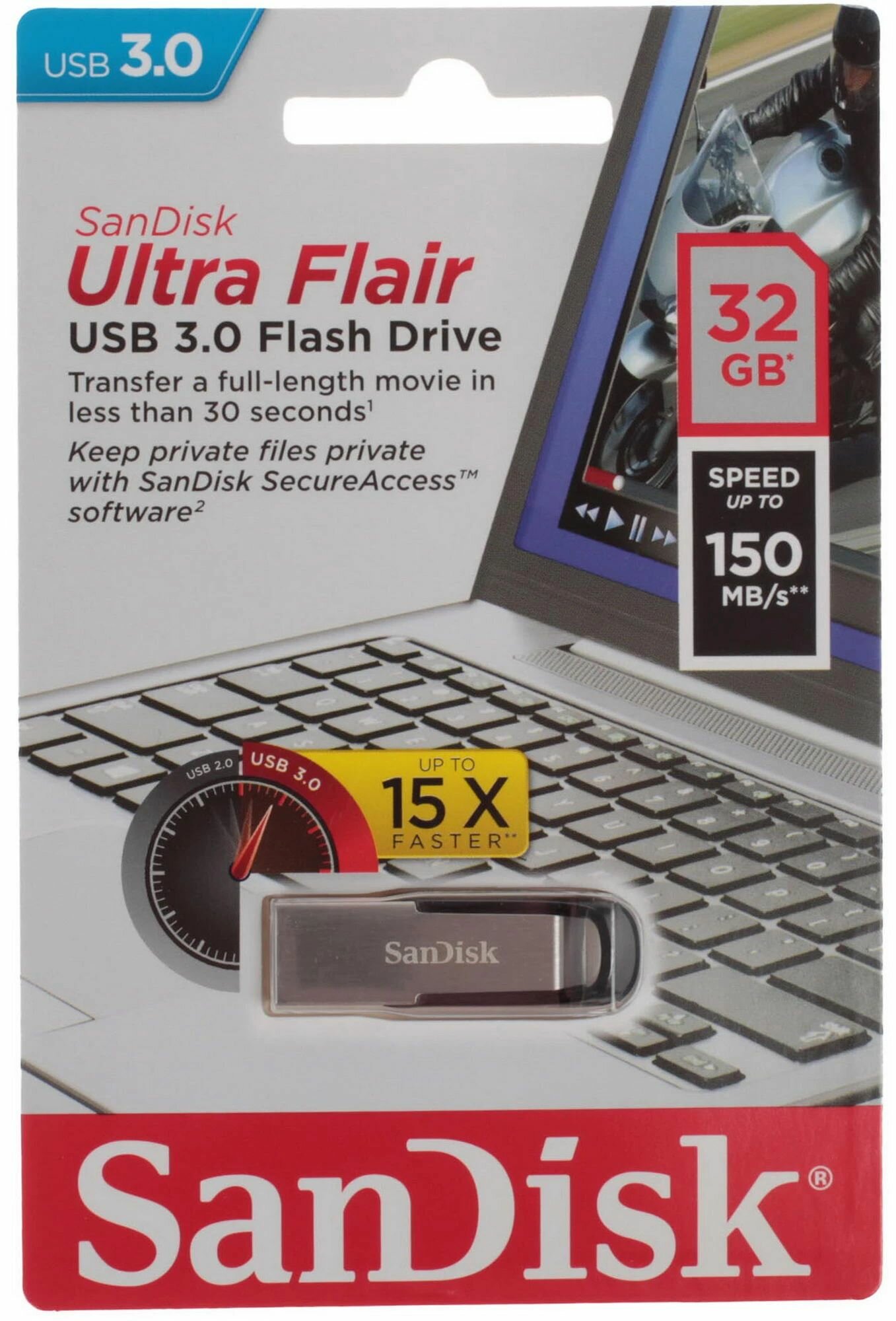 Память USB Flash 32 ГБ SANDISK Ultra Flair (SDCZ73-032G-G46) - USB3.2, USB Type-A, чтение до - 150 МБ/с, запись до - 45 МБ/с