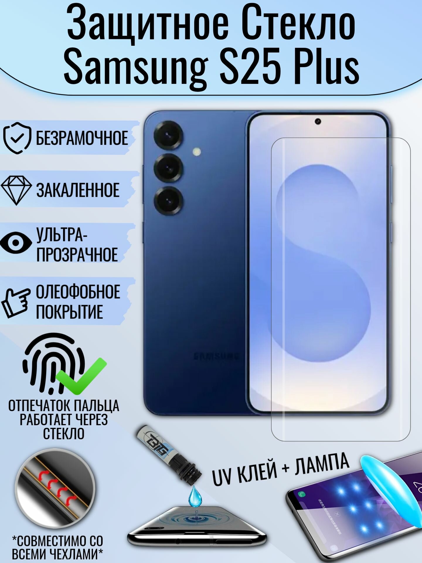 Защитное стекло для Samsung S25 Plus / самсунг S25 плюс c UV УФ клеем и лампой
