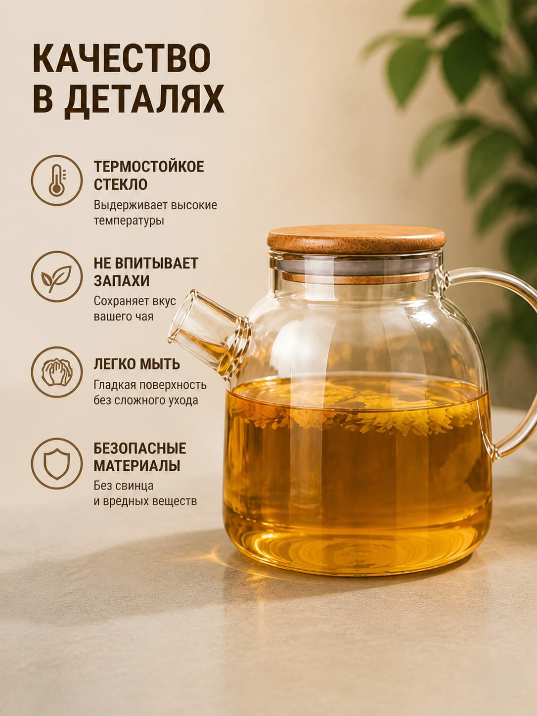 Чайник 1,8 л для газовой и электрической плиты, термостойкое стекло, с деревянной крышкой — фото 1